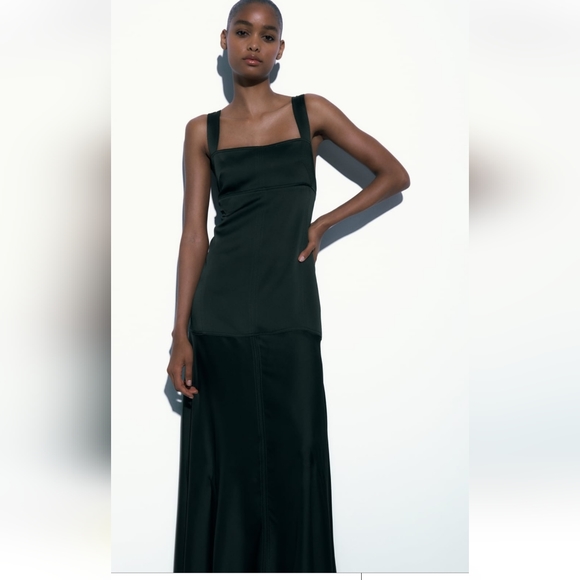 Zara | Dresses | Bnwt Zara Long Satin Effect Dress In Bottle Green Color | Poshmark